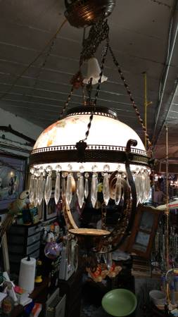 Antique Oil Lamp Chandelier - Brass frame, Glass Globe and Crystals ...