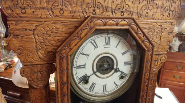 Antique Oak GILBERT Mantel Gingerbread Clock WORKS - Lions - Long ...