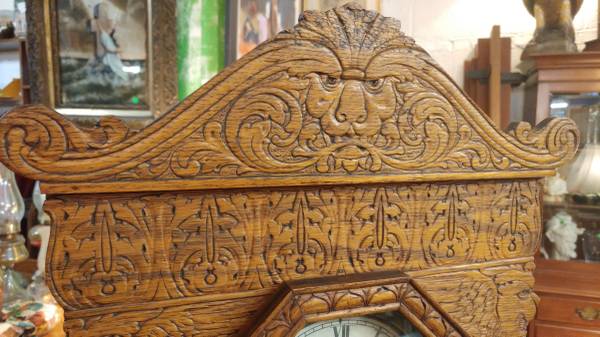 Antique Oak GILBERT Mantel Gingerbread Clock WORKS - Lions - Long ...