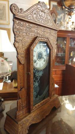 Antique Oak GILBERT Mantel Gingerbread Clock WORKS - Lions - Long ...