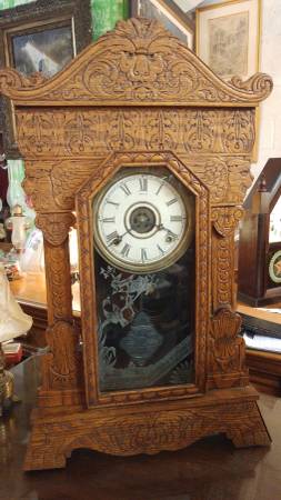 Antique Oak GILBERT Mantel Gingerbread Clock WORKS - Lions - Long ...