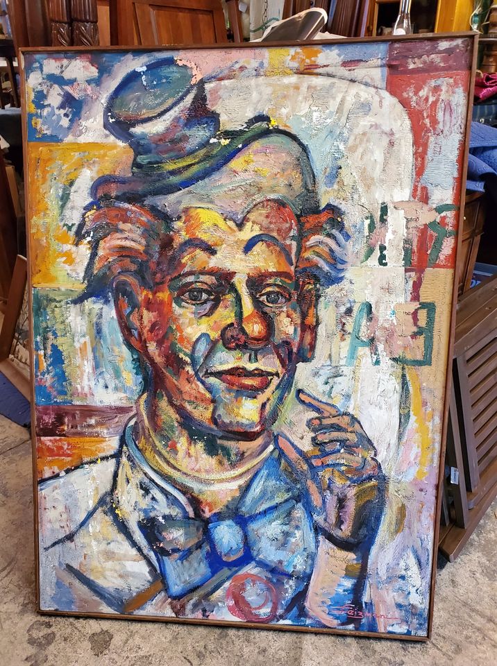 Mid Century Modern oil on canvas Large Painting - abstract clown - Long ...