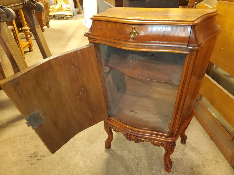 Antique Side Table w/ Cabinet and Drawer - Solid w/ Carved Details ...