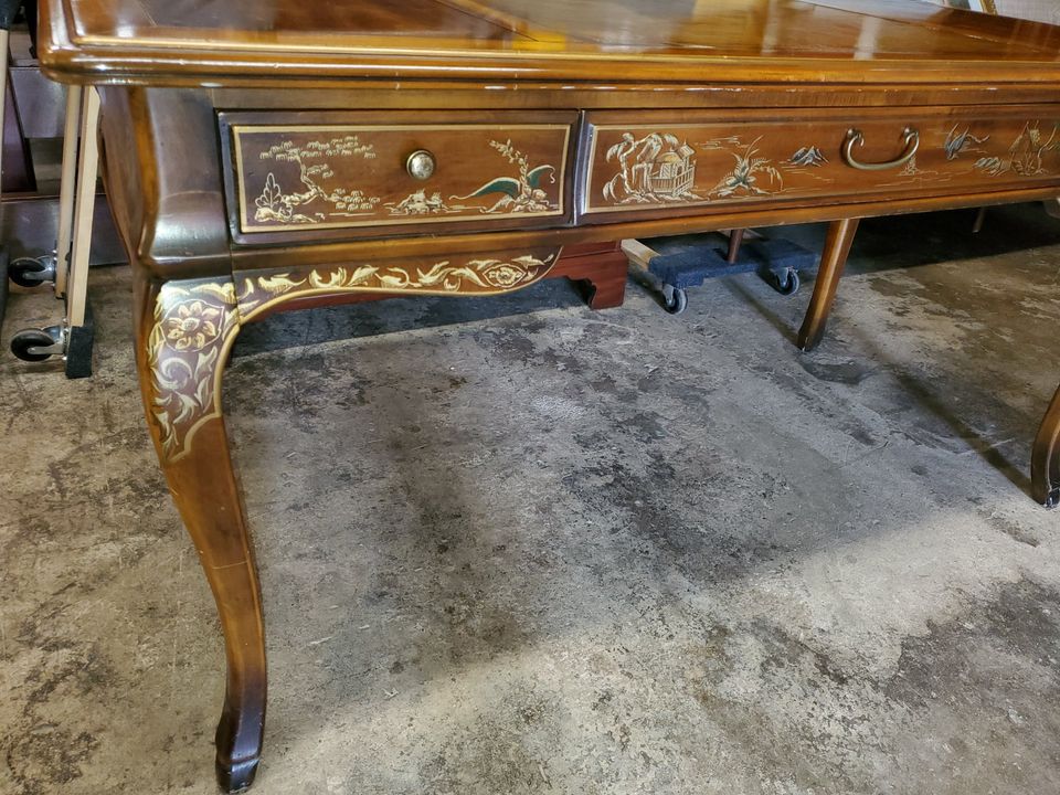 Vintage Drexel Writing Desk Solid Wood - Painted Details - Leather Top ...