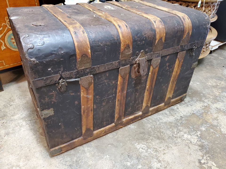Large Antique Travel Trunk with wood straps - Nice Condition - Long ...