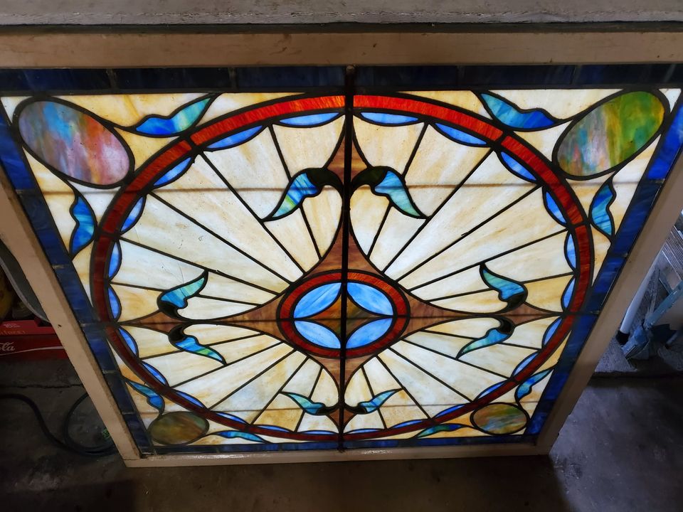 Large Antique Stained Glass Window - Beautiful Details - 43"x43" - Long ...