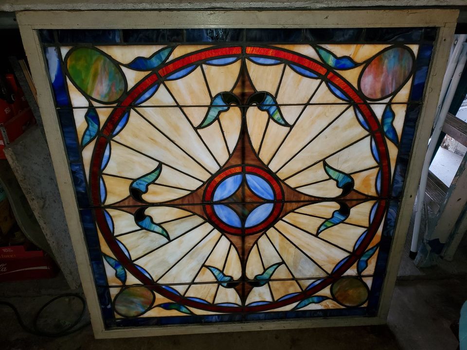 Large Antique Stained Glass Window - Beautiful Details - 43"x43" - Long ...