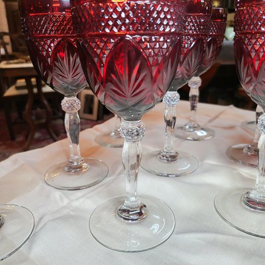12 Vintage Crystal Ruby Red Wine Glasses / Goblets Clear Glass Stem ...