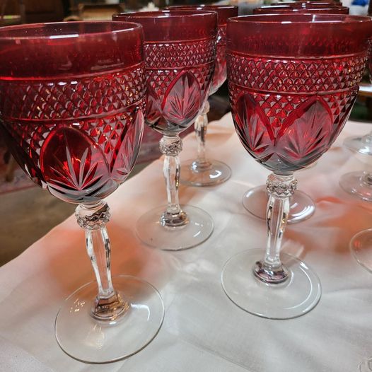 12 Vintage Crystal Ruby Red Wine Glasses / Goblets Clear Glass Stem ...