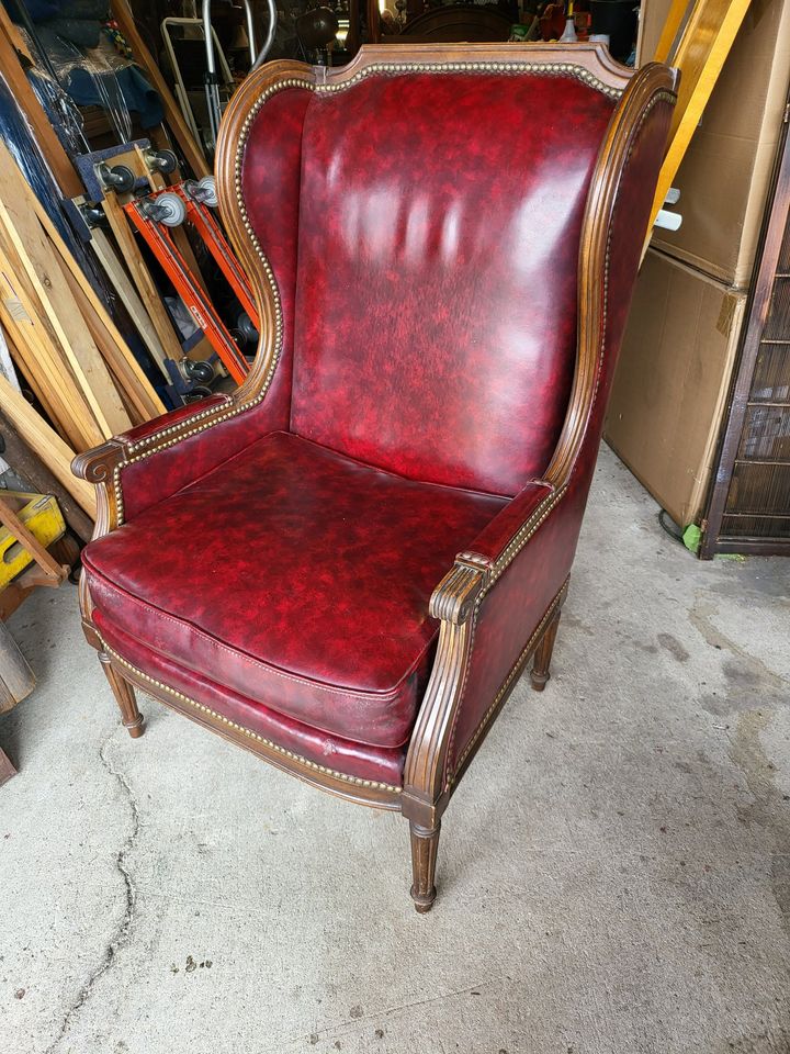 Beautiful Vintage Wing Back Red Armchair - Wood Frame - Long Valley Traders