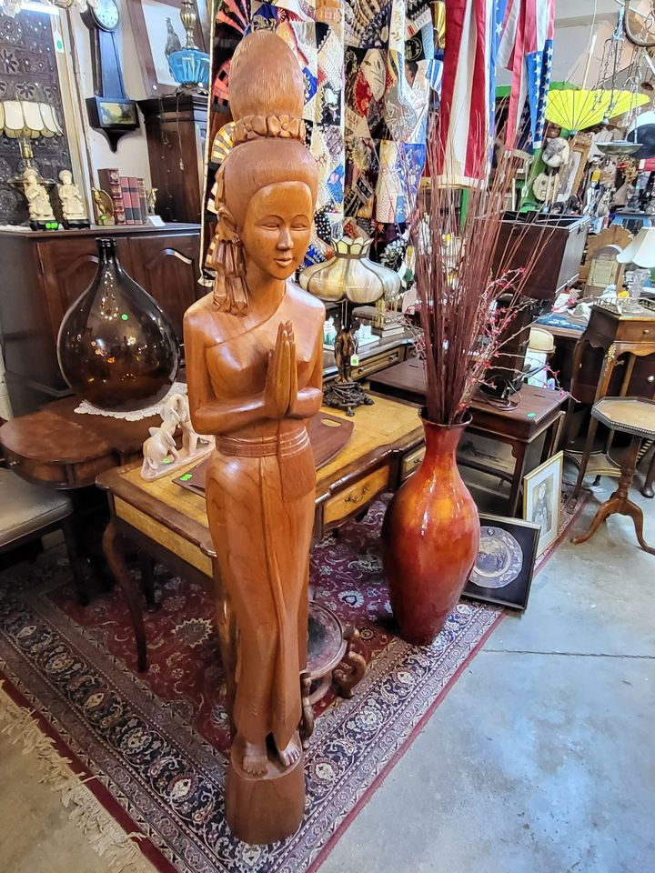Large Tall Carved Wood Asian Woman Statue - 72" tall - Long Valley Traders