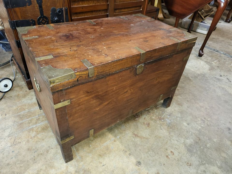 Antique Walnut Small Hand Made Chest / Trunk w/ Brass Trim - Long ...