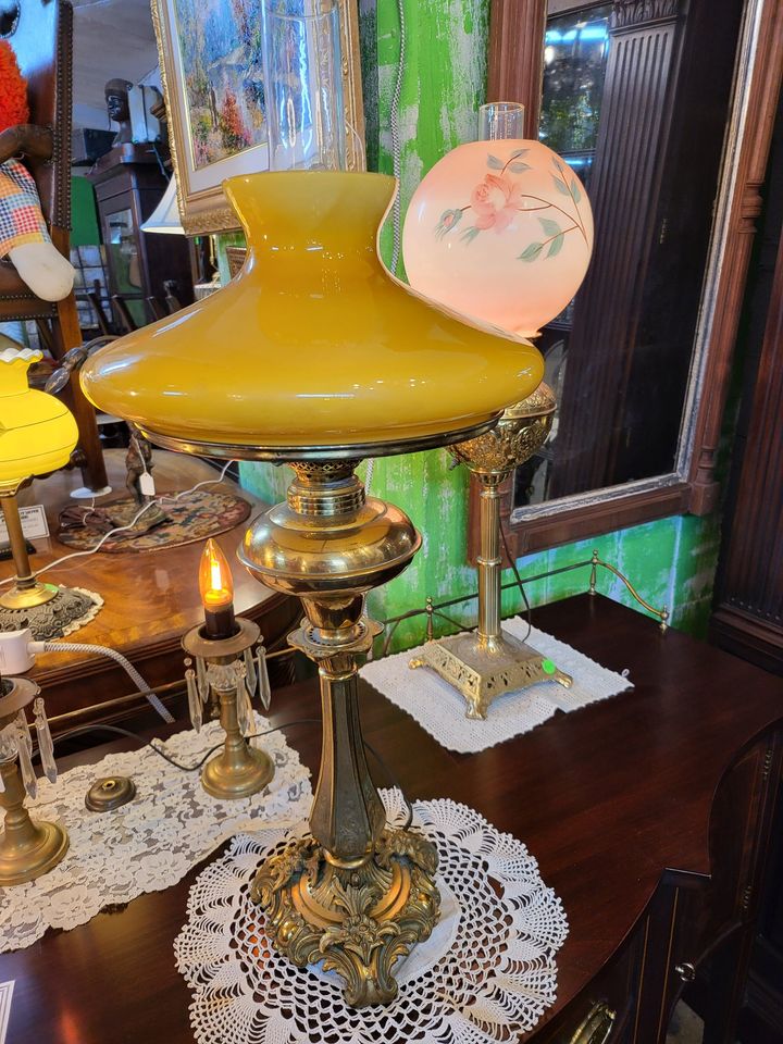 Antique B&G Co Brass Oil Lamp - Electric - Beautiful Yellow Shade ...