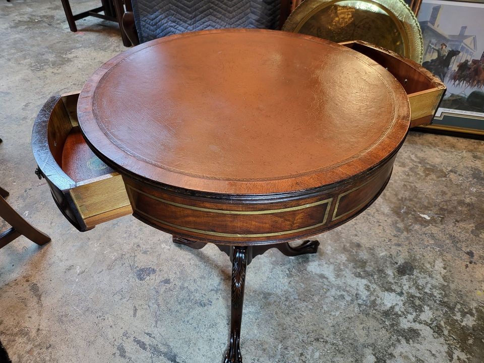 Vintage Mahogany Round Drum Side Table - Leather Top - Claw Feet - Long ...