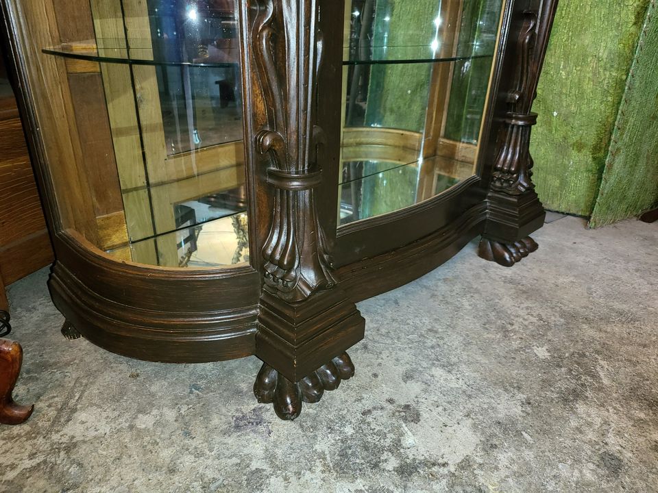 Antique Large Curved Glass Display Cabinet w/ Carved Details - Long ...