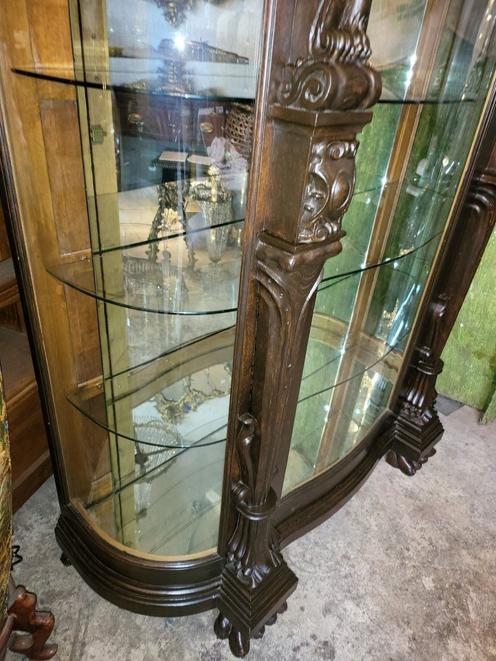 Antique Large Curved Glass Display Cabinet w/ Carved Details - Long ...