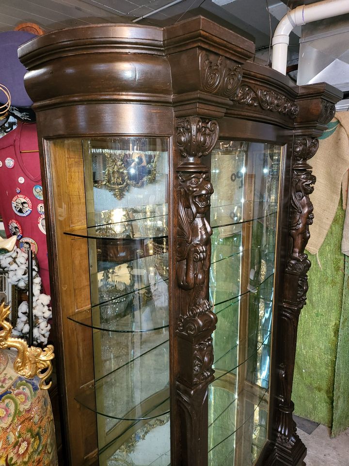 Antique Large Curved Glass Display Cabinet w/ Carved Details - Long ...