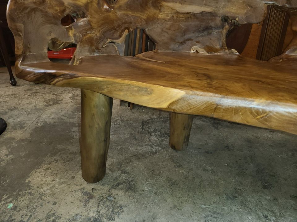 Large Teak Live Edge Carved Log Bench - NEW Well Made - Long Valley Traders
