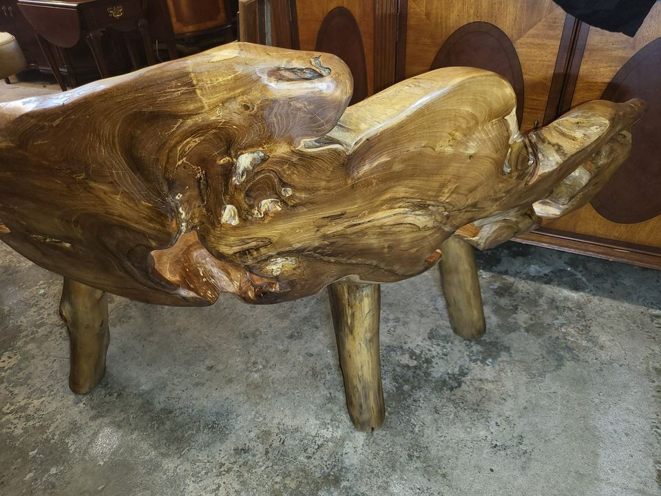 Large Teak Live Edge Carved Log Bench - NEW Well Made - Long Valley Traders