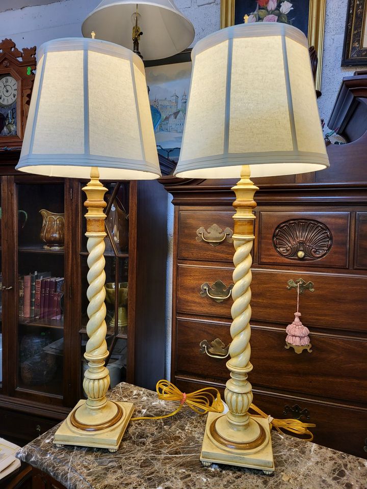 2 Designer Painted Wood Tall Table Lamps - Elegant Rope Shaft - Long ...