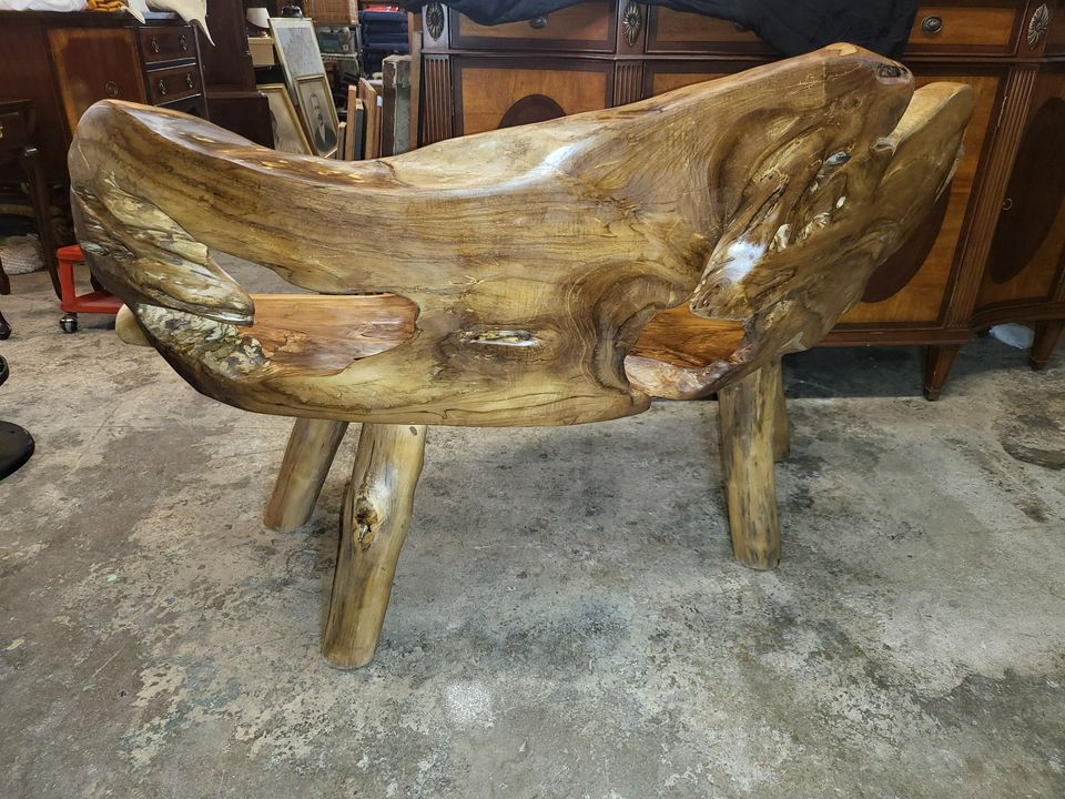 Large Teak Live Edge Carved Log Bench - NEW Well Made - Long Valley Traders