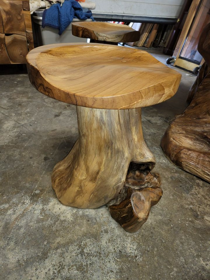 Solid Teak Live Edge Patio Table w/ 5 Teak Stump Stools - NEW - Long ...
