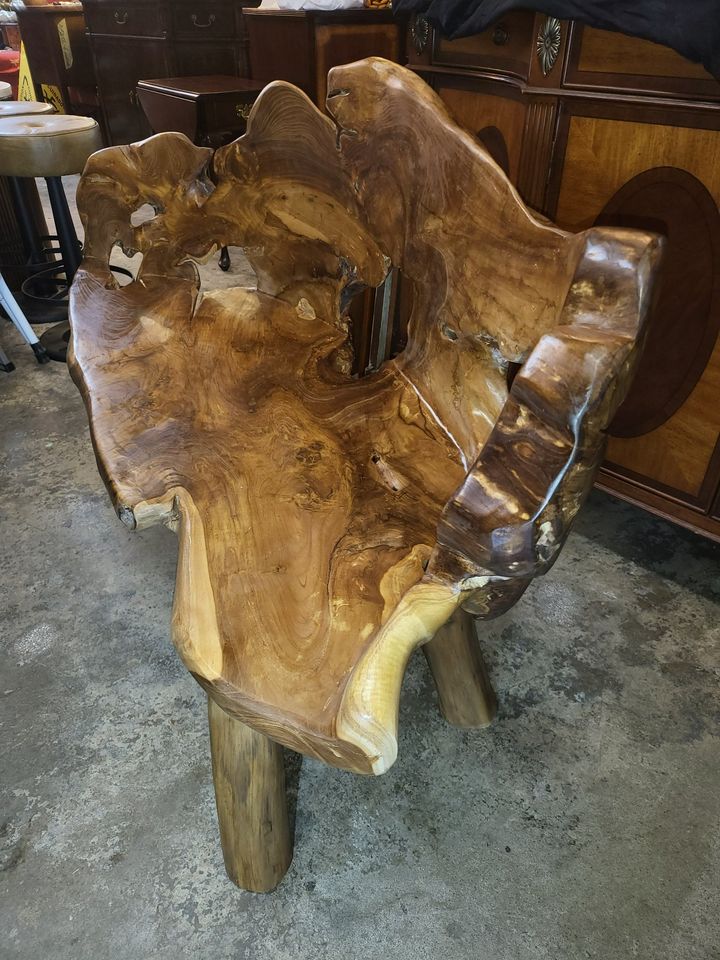 Large Teak Live Edge Carved Log Bench - NEW Well Made - Long Valley Traders