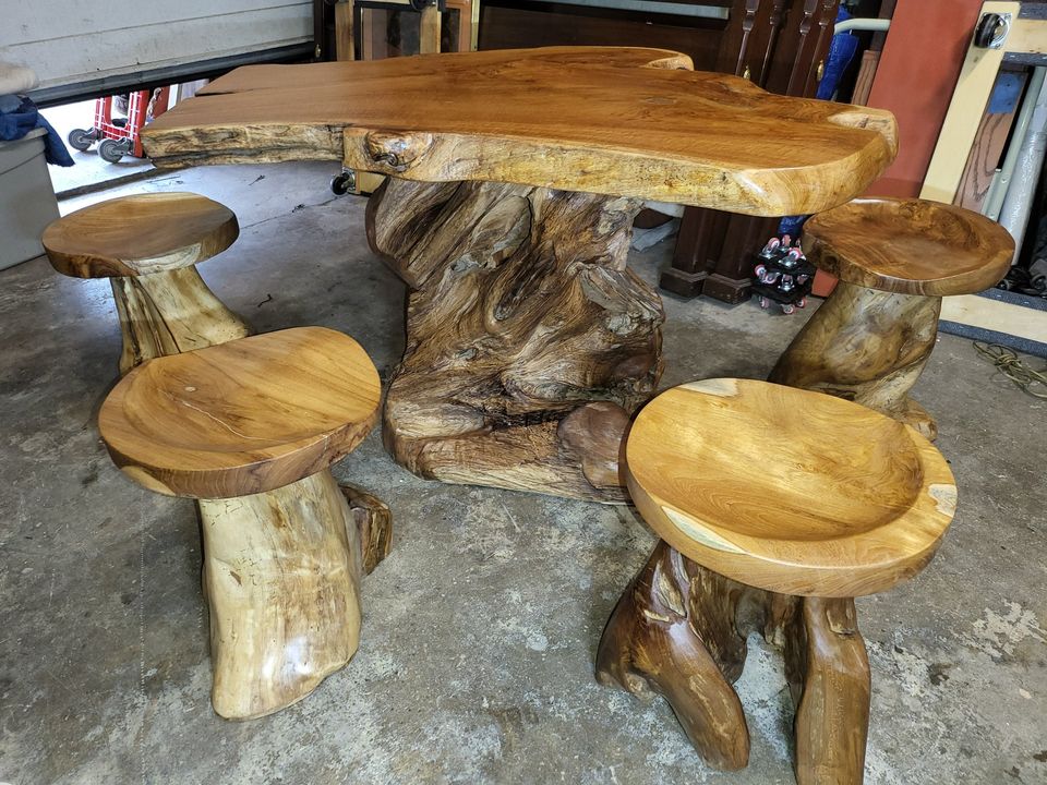 Solid Teak Live Edge Patio Table w/ 5 Teak Stump Stools - NEW - Long ...