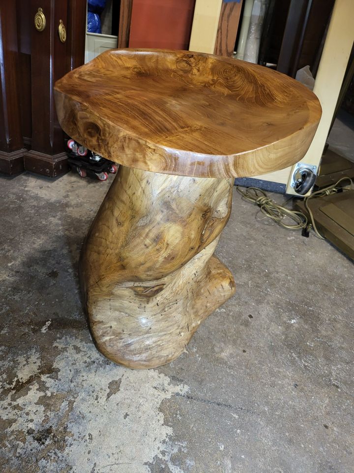Solid Teak Live Edge Patio Table w/ 5 Teak Stump Stools - NEW - Long ...