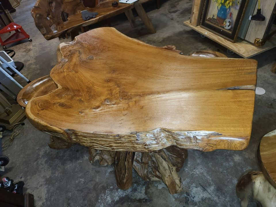 Solid Teak Live Edge Patio Table w/ 5 Teak Stump Stools - NEW - Long ...