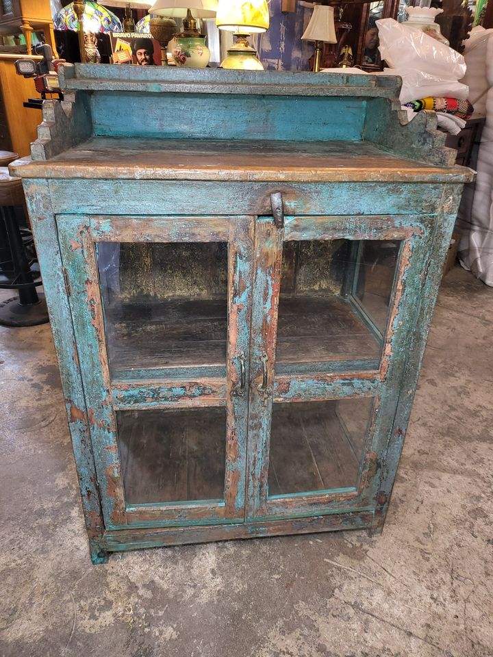 Antique Primitive Kitchen Cupboard Glass Door Cabinet - NEWLY restored ...