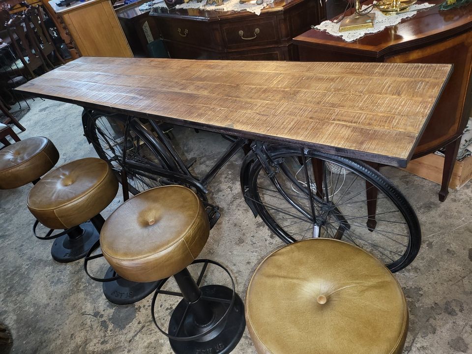 Antique Bicycle Artisan Long Bar Table w/ 4 heavy stools - WOW - Long ...