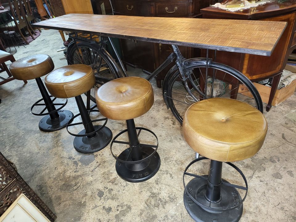 Antique Bicycle Artisan Long Bar Table w/ 4 heavy stools - WOW - Long ...
