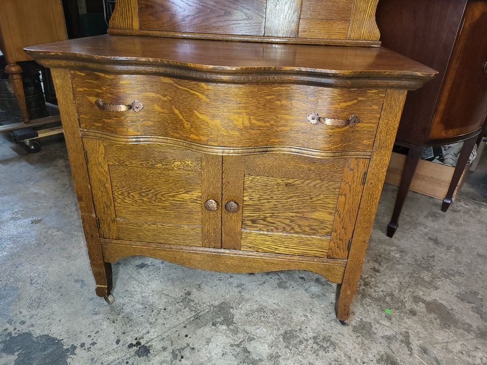 Antique Oak Wash Stand w/ Mirror plus Towel Bar - Long Valley Traders