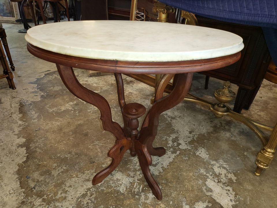 Antique Victorian Marble Top Oval Side Table - Walnut Base - Nice ...
