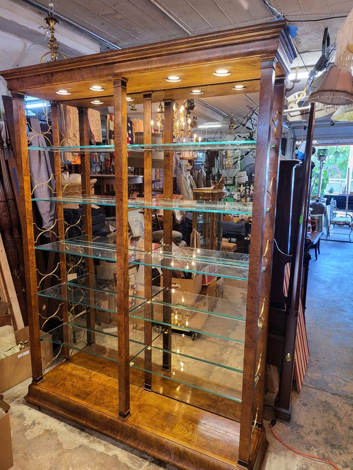 Henredon Large Bookcase Display Case - Burl Walnut and Glass Shelves ...