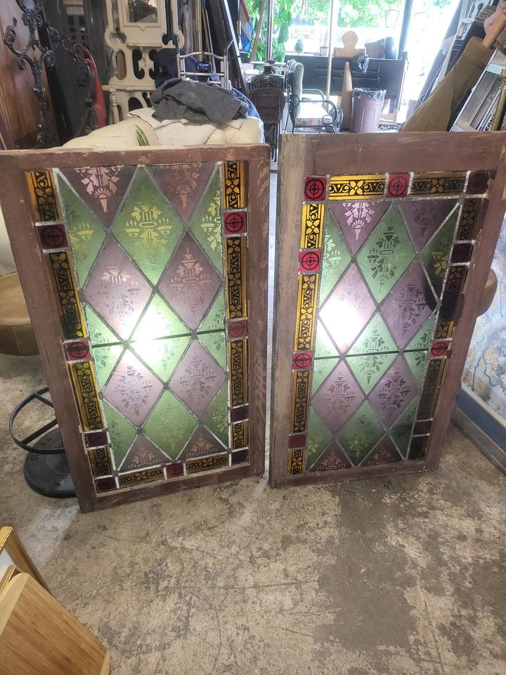 Antique Stained Glass Windows - 1800's - Top and Bottom Windows - Long ...