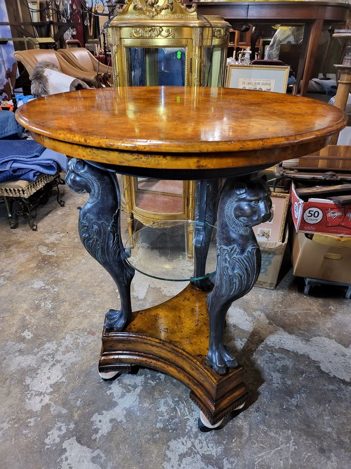 Theodore Alexander Bar / Pub Round Table - Birdseye Maple w/ Bronze ...