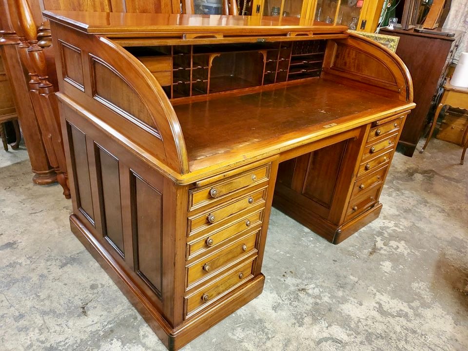 Large Antique 1800's Mahogany Roll Top Desk w/ Leather Top - Beautiful ...
