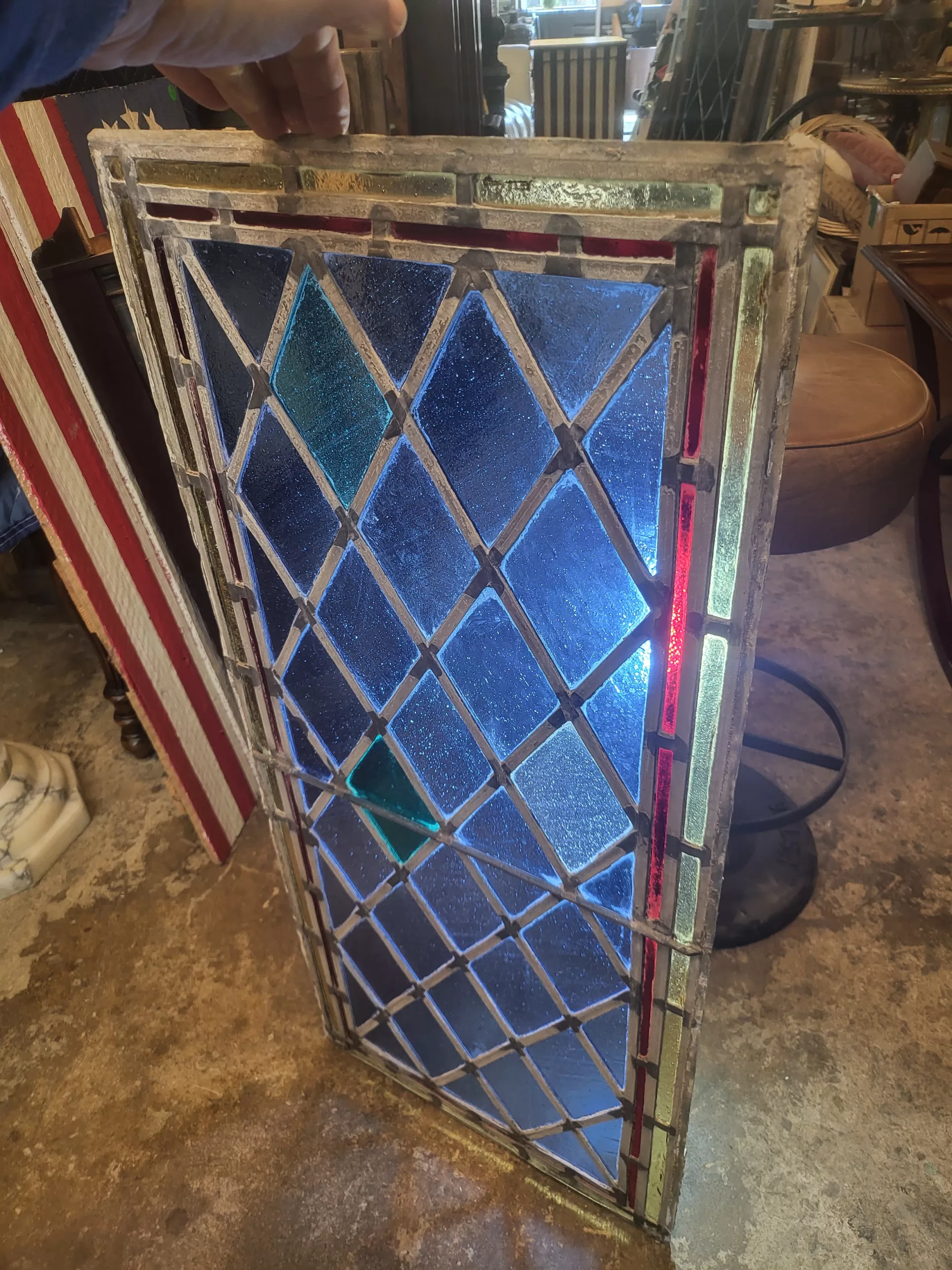 Vintage Blue Stained Leaded Glass Window - Long Valley Traders