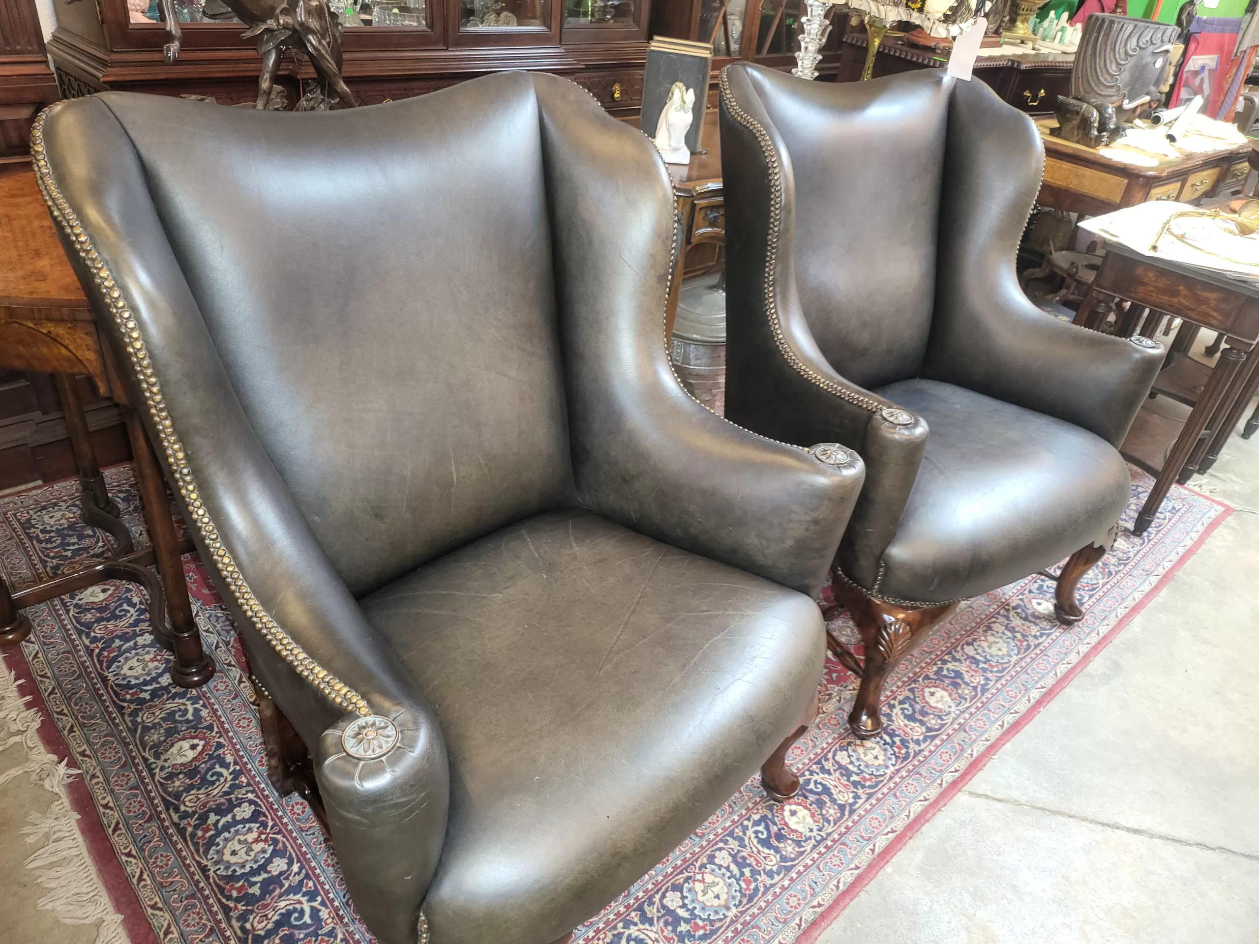 2 Theodore Alexander Dark Gray Mahogany / Leather Wingback Chairs ...