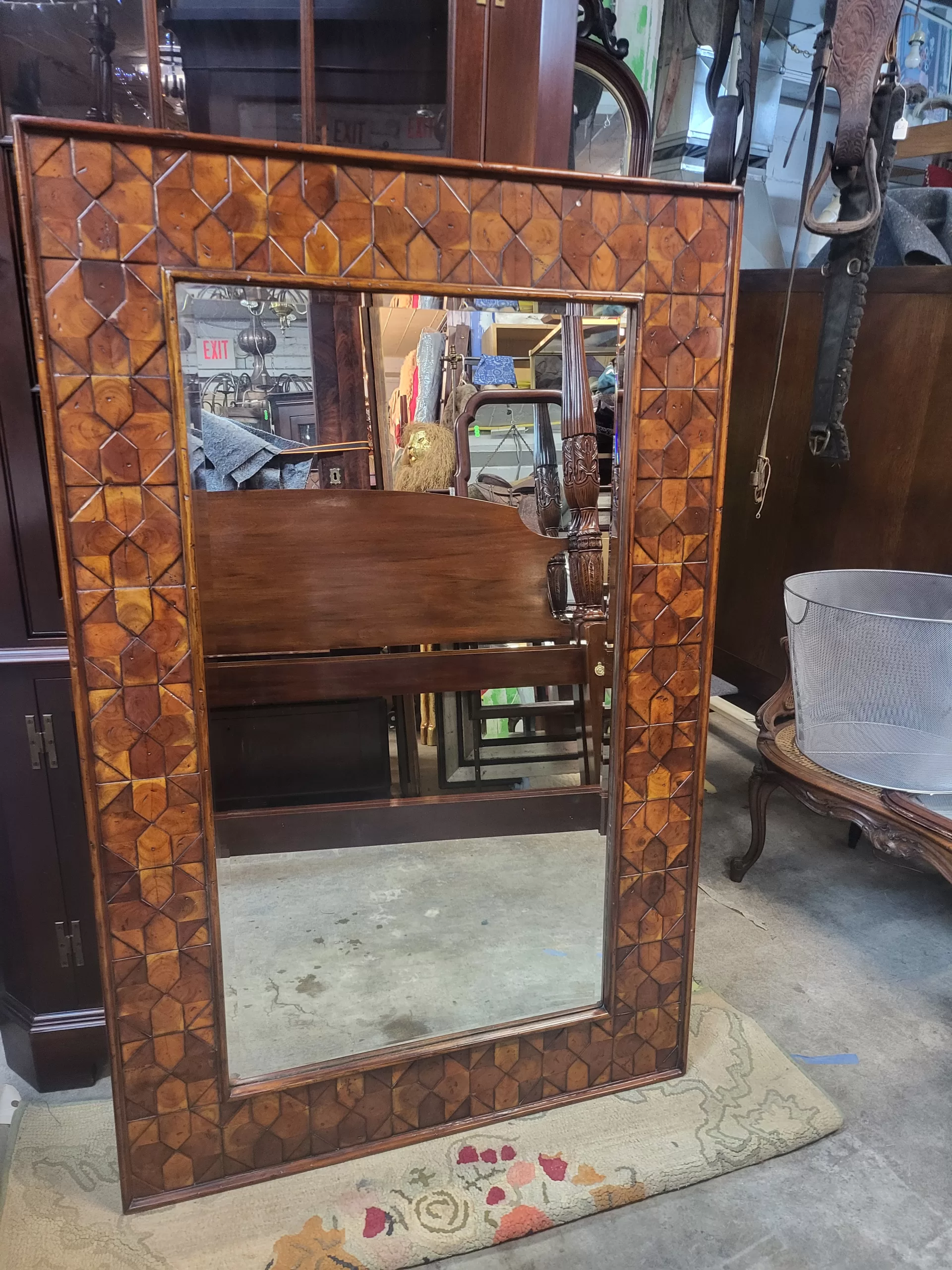 Large Theodore Alexander Solid Patterned Wood Mirror - Long Valley Traders