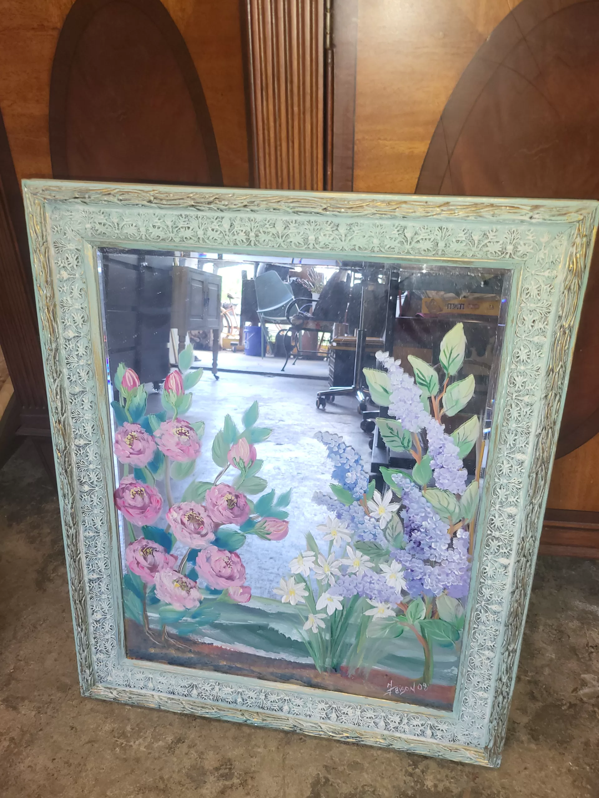 Small Artisan Mint Green Hand Painted Mirror / Flowers - Long Valley ...
