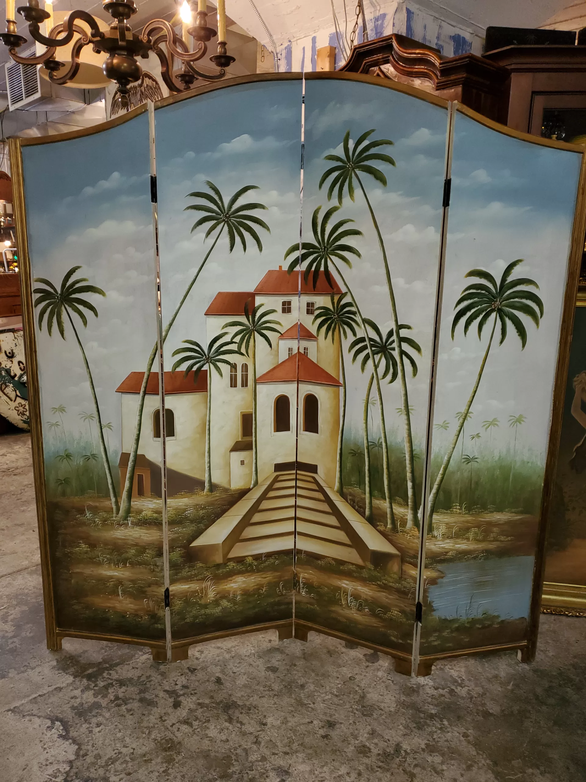 Early 1900's Large Solid Wood Hand Painted Room Divider / Screen - Long ...
