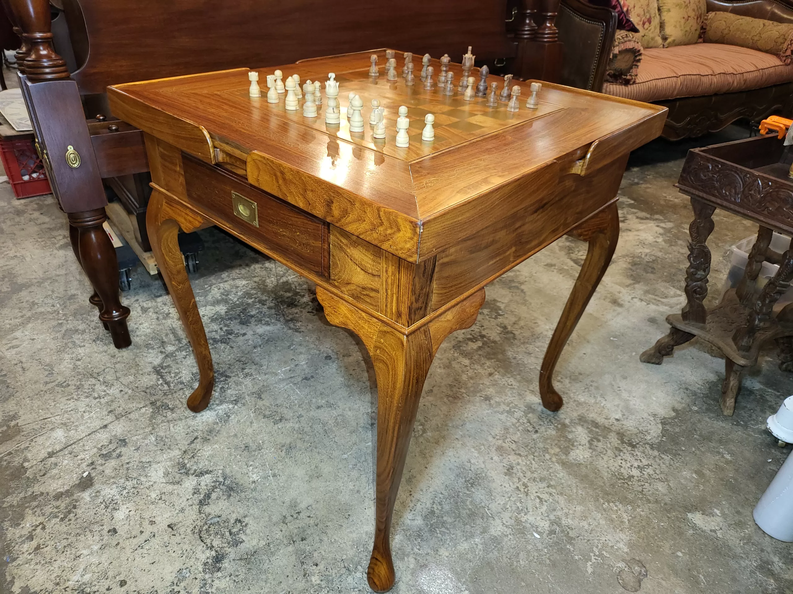 Heavy Teak Game Table with Brass Inlay / Flip Felt Card Table - Chess ...