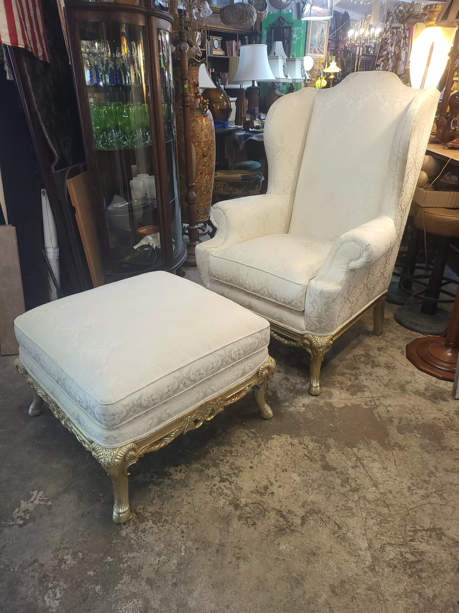Large Henredon Wing Back Designer White Brocade Fabric Chair / Ottoman ...