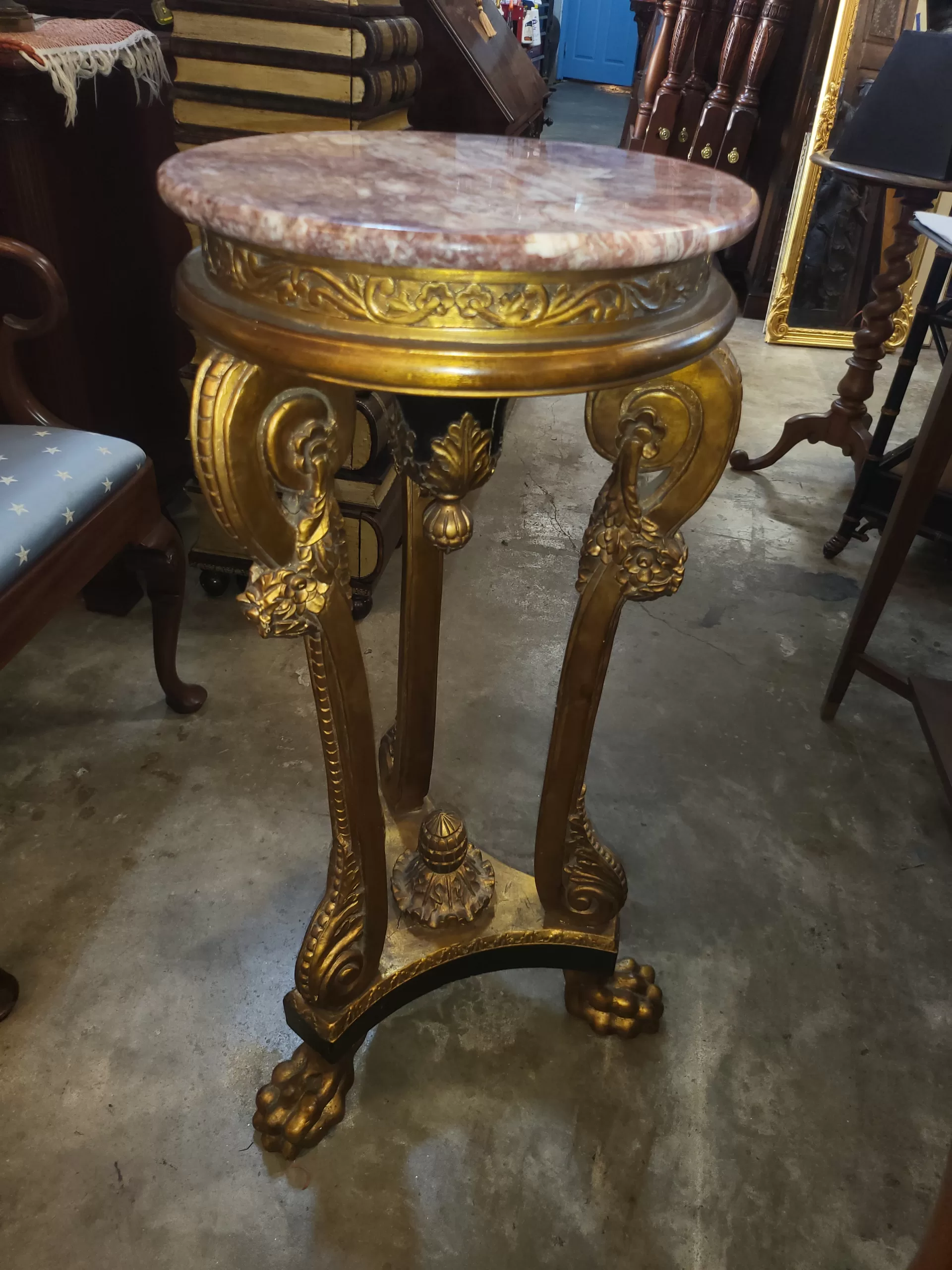 Gold Painted Wood / Marble Top Plant Stand with Carved Details - Long ...