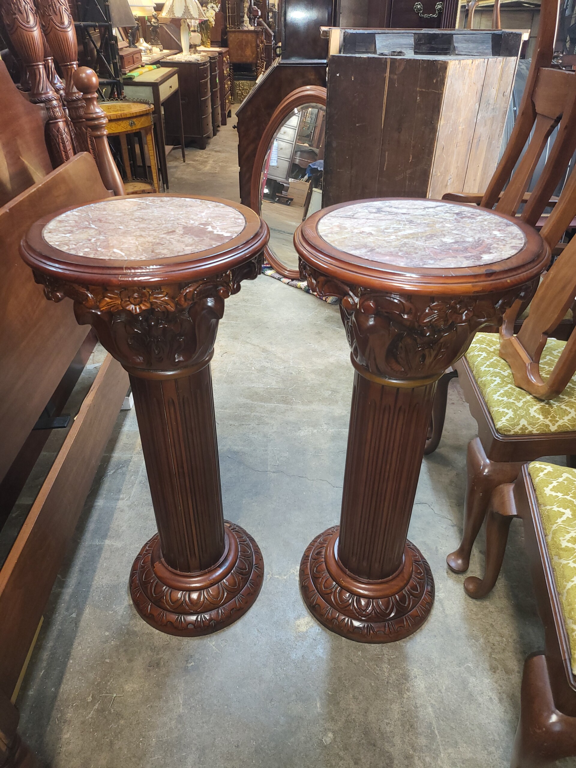 2 Mahogany / Marble Top Plant Stands - Beautiful Carved Details - Long ...