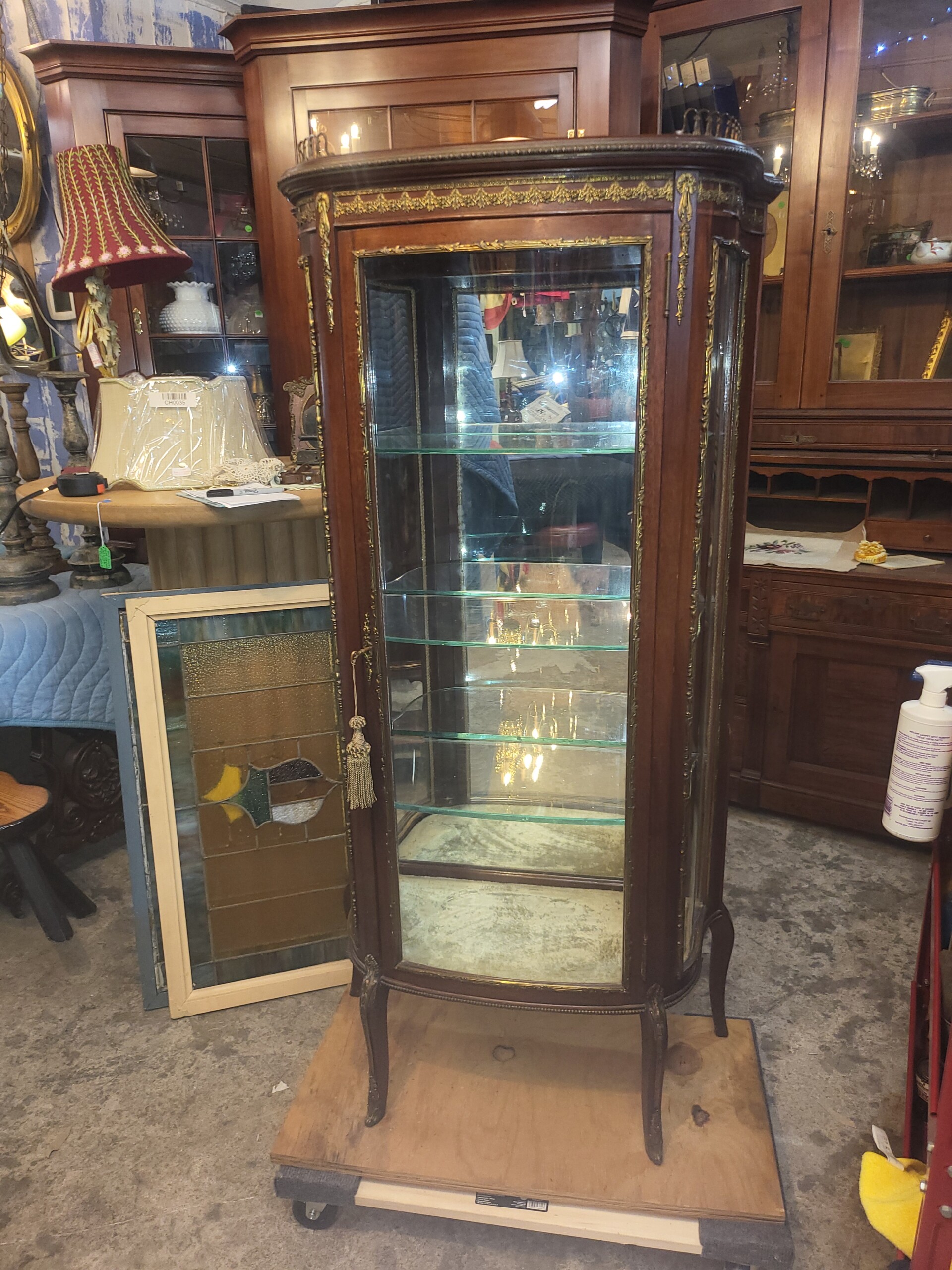 Antique / Art Nouveau Mahogany Curved Glass Curio / Display Case ...