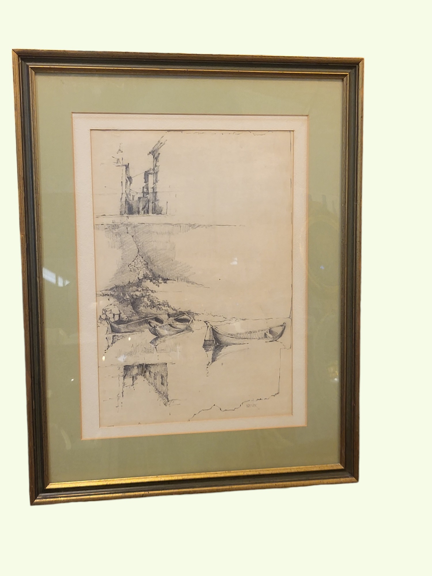 Framed and Matted Original Art Sketch of Boat / Water Scene - Long ...